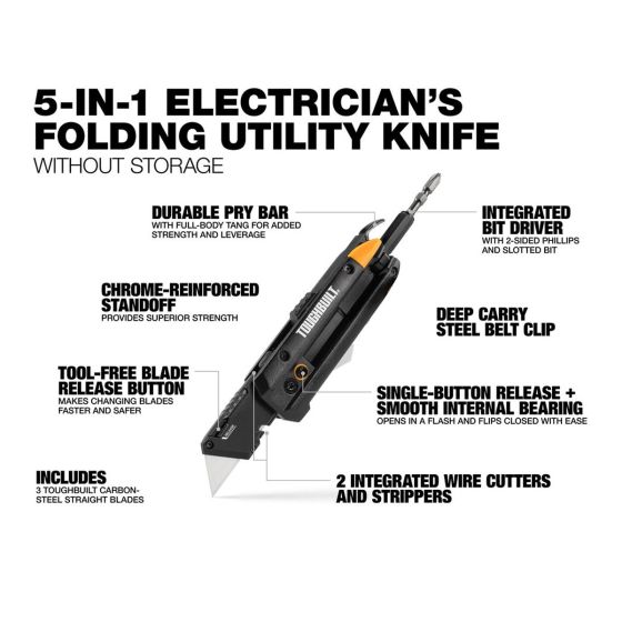 ToughBuilt TB-H4-12-IM 5 In 1 Electricians Folding Utility Knife C/W ...
