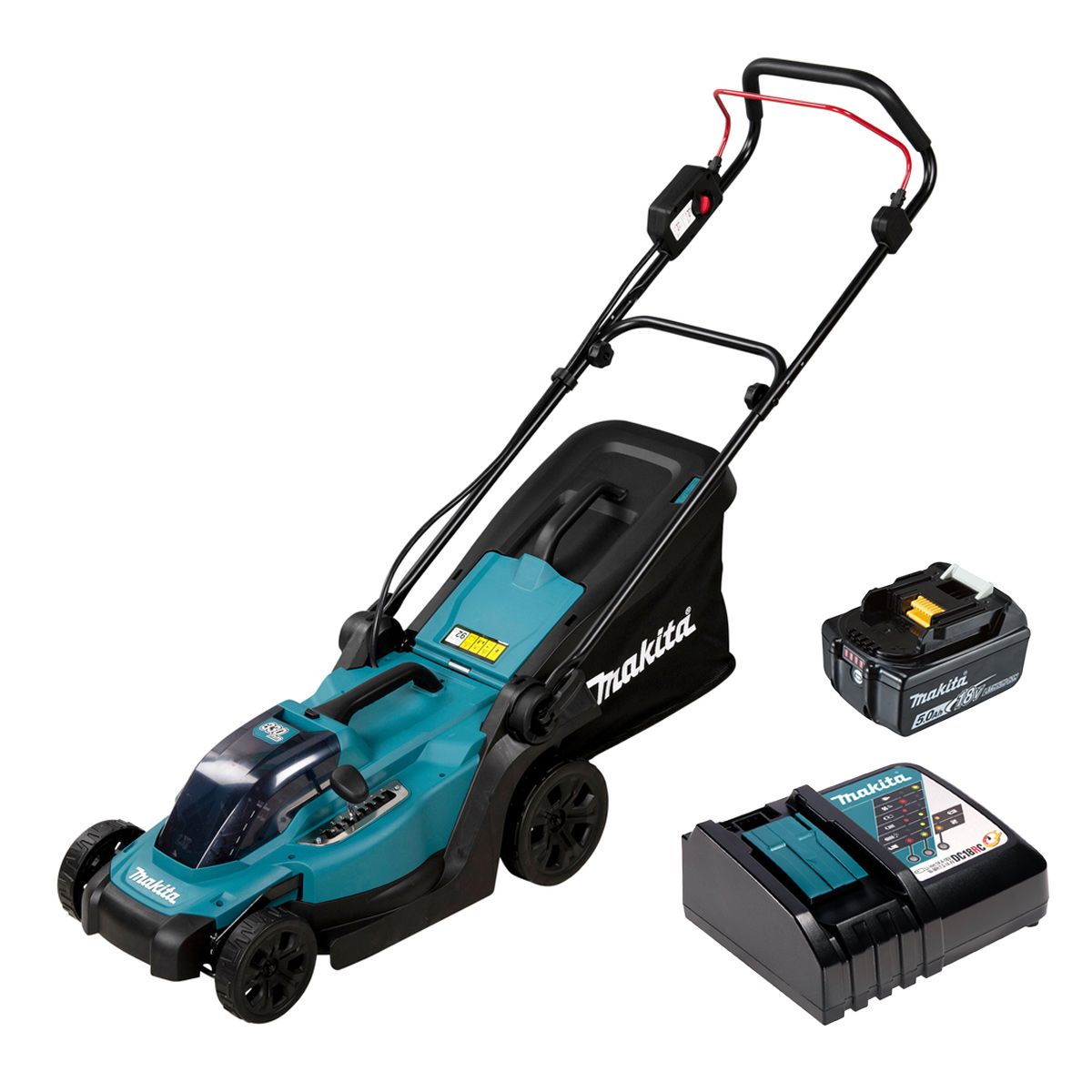Makita DLM330RT 18V Li ion Cordless Lawnmower 33cm 1 x BL1850B Battery Charger